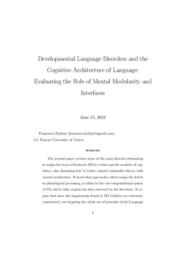 (PDF) Developmental Language Disorders and the Cognitive Architecture ...