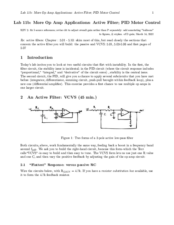 (PDF) Lab 11b: More Op Amp Applications: Active Filter; PID Motor Control