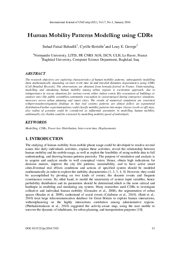 (PDF) Human Mobility Patterns Modelling using CDRs