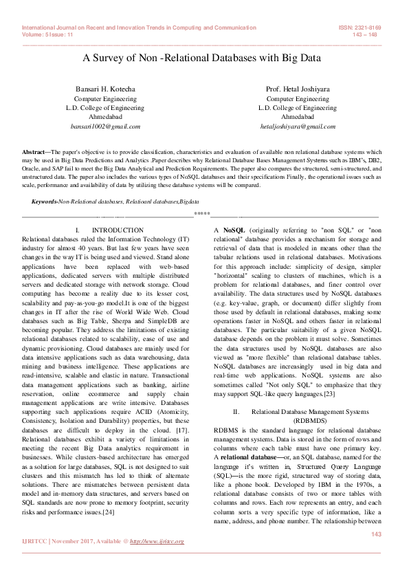 (PDF) A Survey of Non -Relational Databases with Big Data