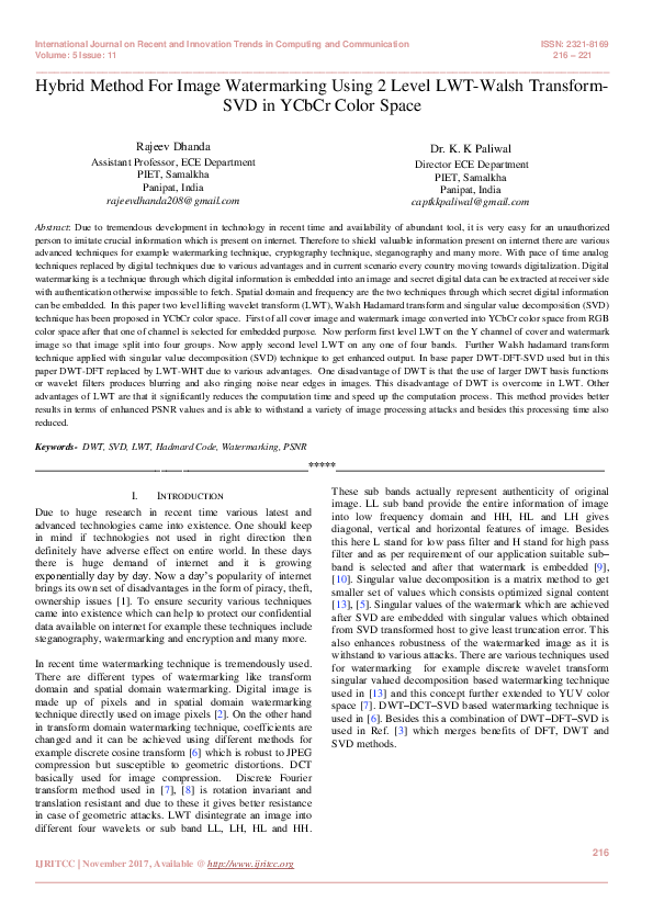 Pdf Hybrid Method For Image Watermarking Using 2 Level Lwt Walsh Transformsvd In Ycbcr Color Space