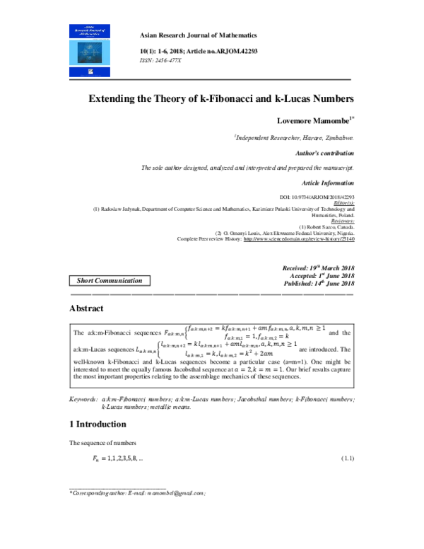 (PDF) Extending the Theory of k-Fibonacci and k-Lucas Numbers