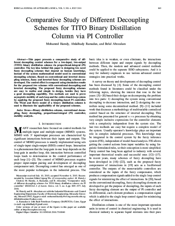(PDF) Comparative Study of Different Decoupling Schemes for TITO Binary Distillation Column via ...