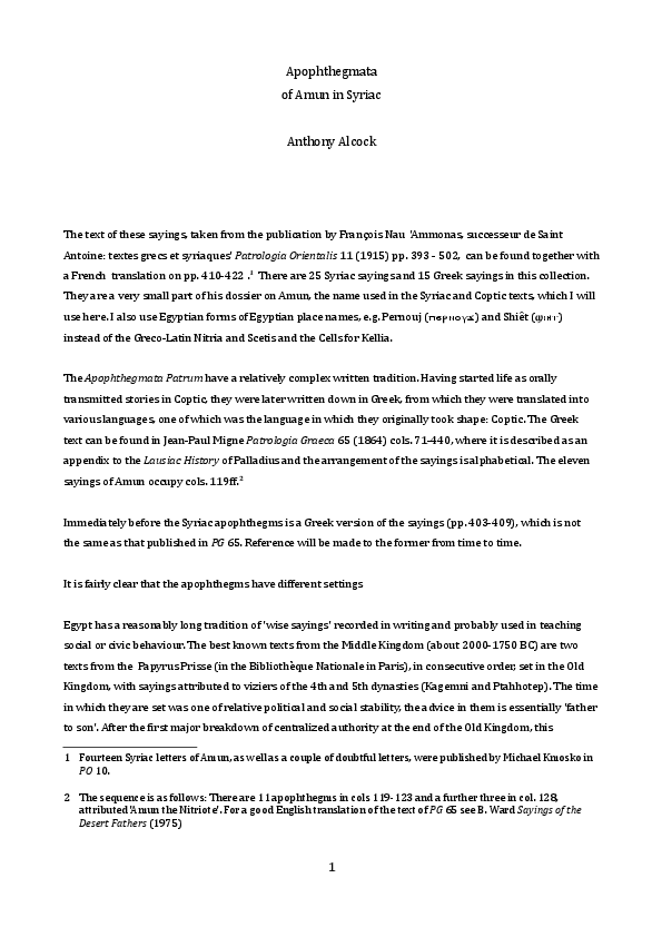 (PDF) Apophthegmata of Amun in Syriac