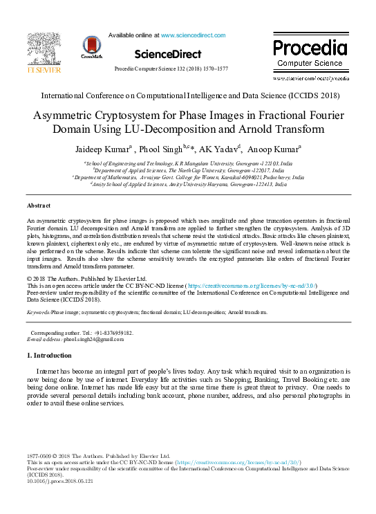 (PDF) P Asymmetric Cryptosystem for Phase Images in Fractional Fourier Domain Using LU ...