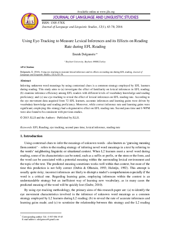 (PDF) Using eye-tracking to measure lexical inferences and its effects on reading rate during ...