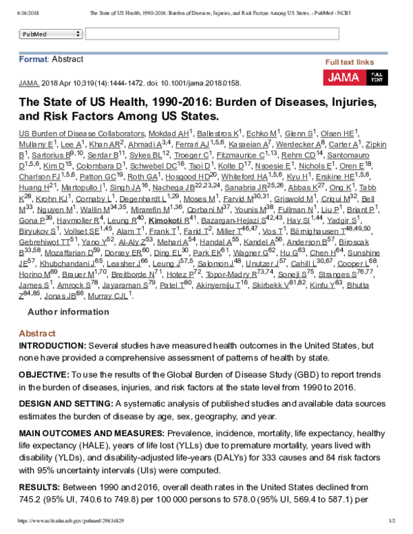 (PDF) The State of US Health, 1990-2016: Burden of Diseases, Injuries ...