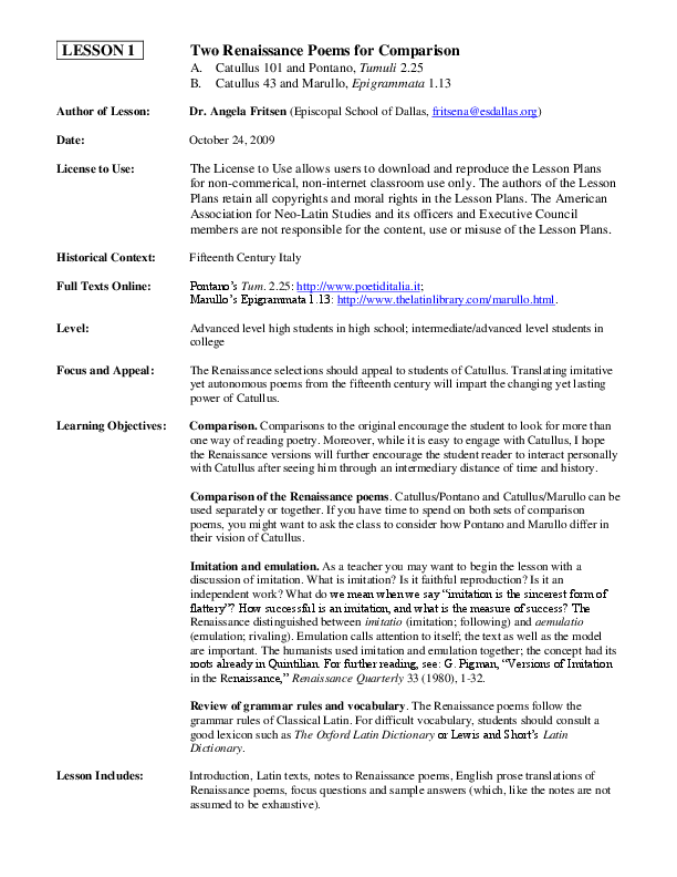 (PDF) Two Renaissance Poems for Comparison: A. Catullus 101 and Pontano ...