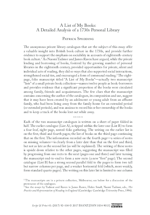 (PDF) A List of My Books: A Detailed Analysis of a 1730s Personal ...