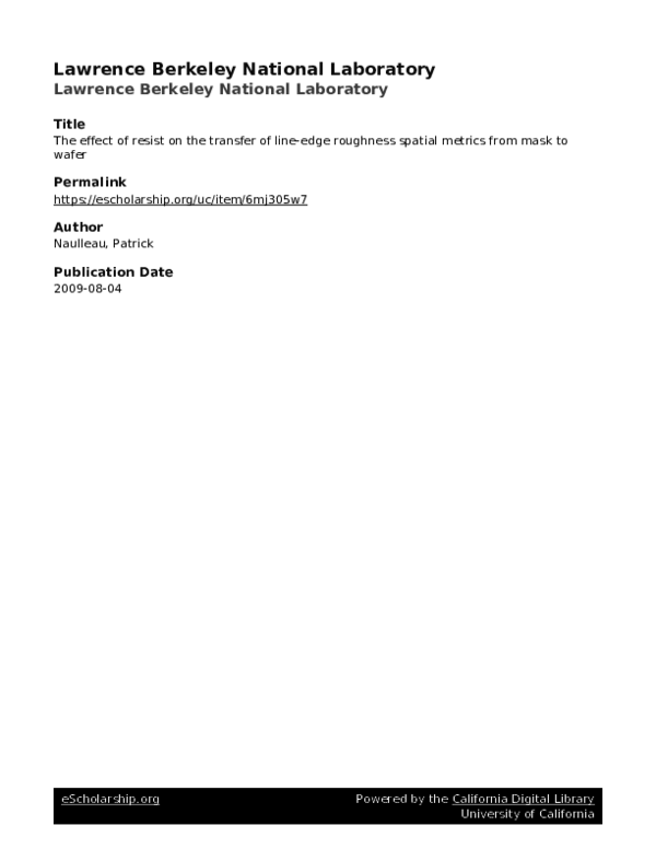 Pdf Effect Of Resist On The Transfer Of Line Edge Roughness Spatial Metrics From Mask To Wafer