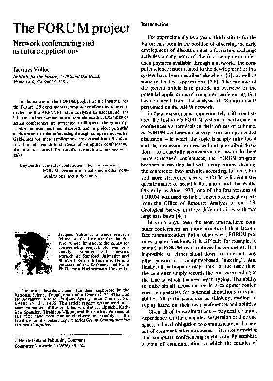 (PDF) The FORUM project: Network conferencing and its future applications