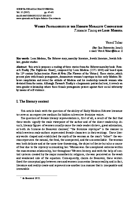 (PDF) Vered Tohar, "Women Protagonists in the Hebrew Morality ...