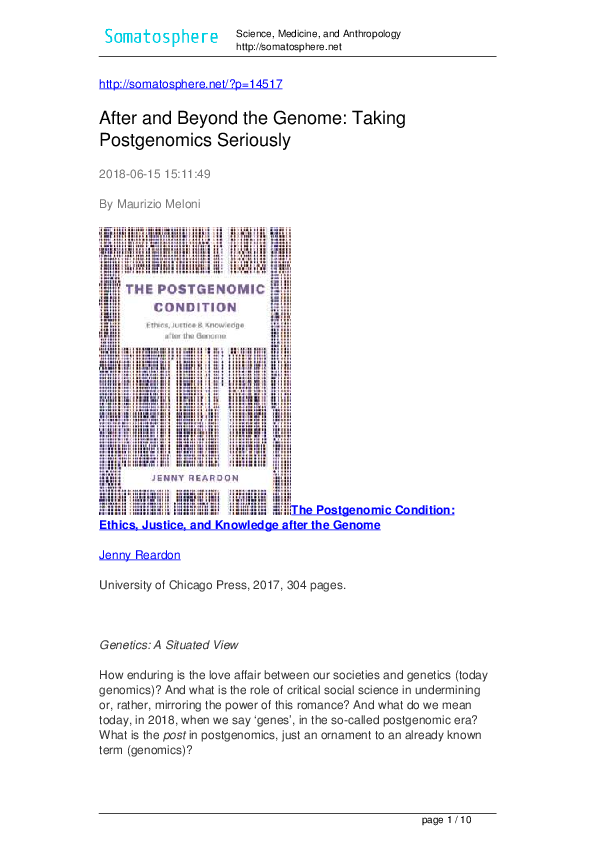 (PDF) After and Beyond the Genome: Taking Postgenomics Seriously ...