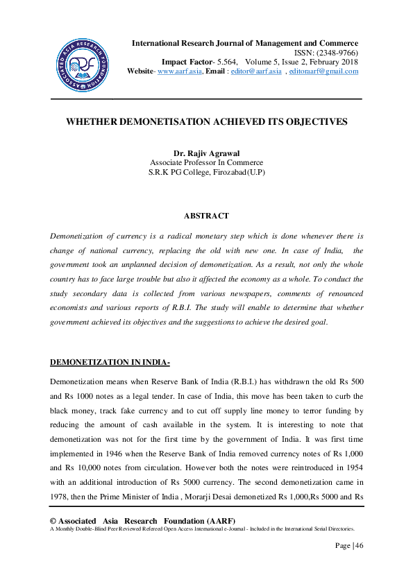 (PDF) WHETHER DEMONETISATION ACHIEVED ITS OBJECTIVES