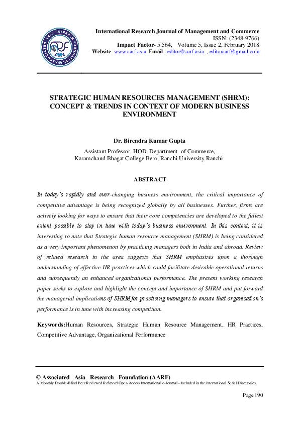 (PDF) STRATEGIC HUMAN RESOURCES MANAGEMENT (SHRM): CONCEPT & TRENDS IN ...