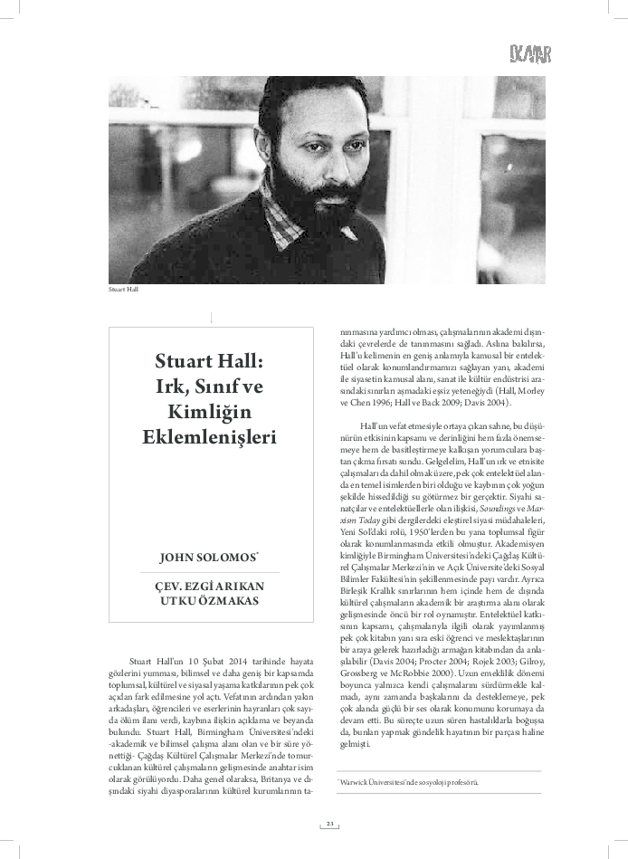 (PDF) Stuart Hall: Irk, Sınıf ve Kimliğin Eklemlenişleri - John Solomos ...