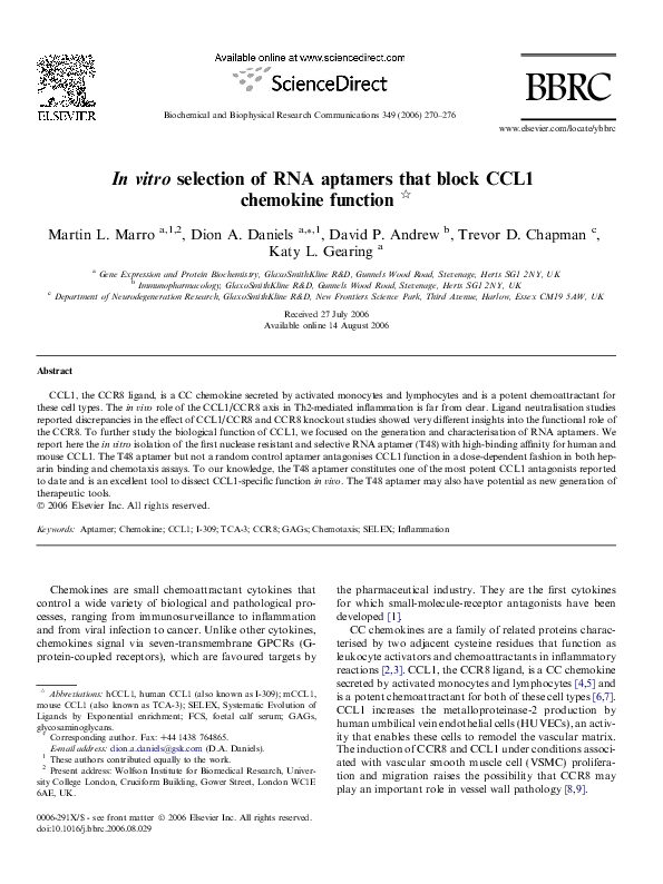 (PDF) In vitro selection of RNA aptamers that block CCL1 chemokine function