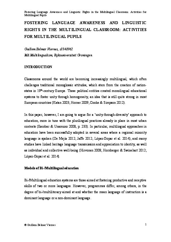 (PDF) Fostering Language Awareness and Linguistic Rights in the ...
