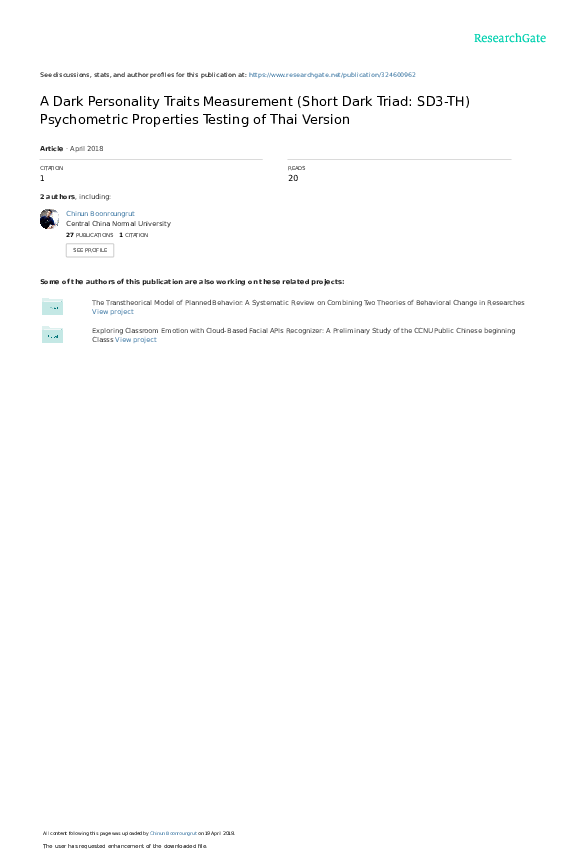 (PDF) A Dark Personality Traits Measurement (Short Dark Triad: SD3-TH ...