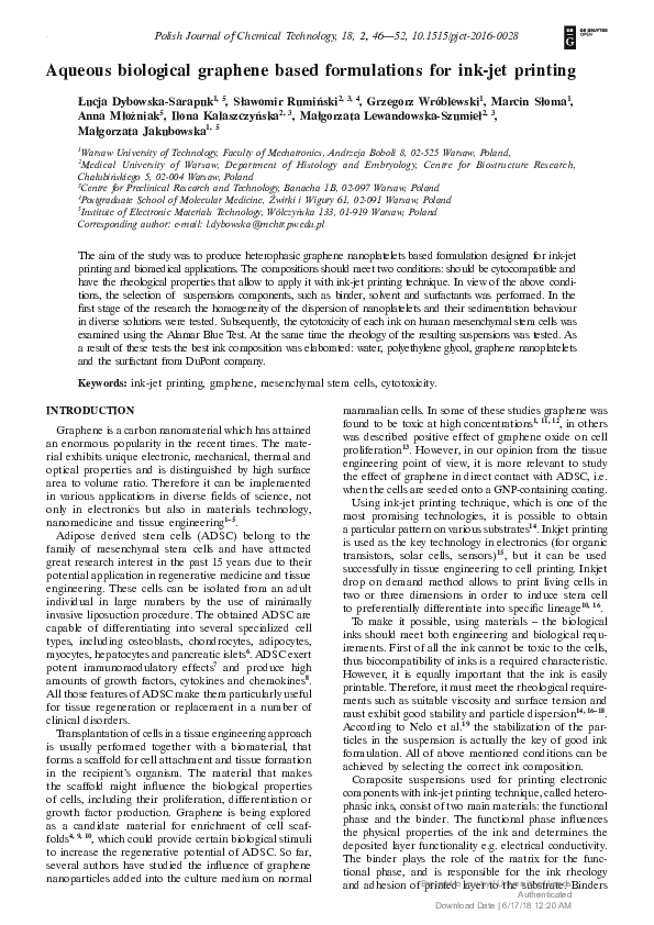(PDF) Aqueous biological graphene based formulations for ink-jet printing