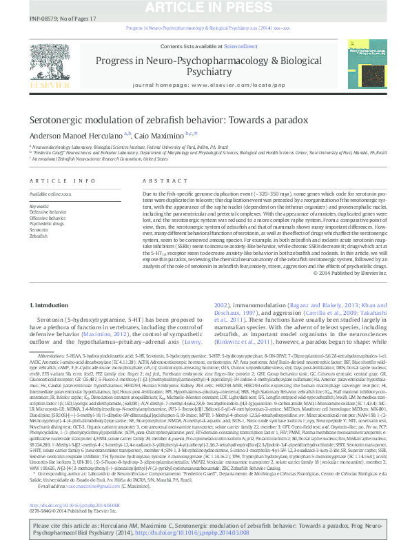 (PDF) Serotonergic modulation of zebrafish behavior: Towards a paradox
