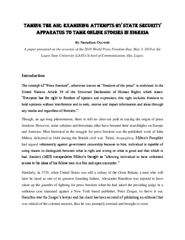 (PDF) Taming the air: Examining Attempts by State Security Apparatus to ...