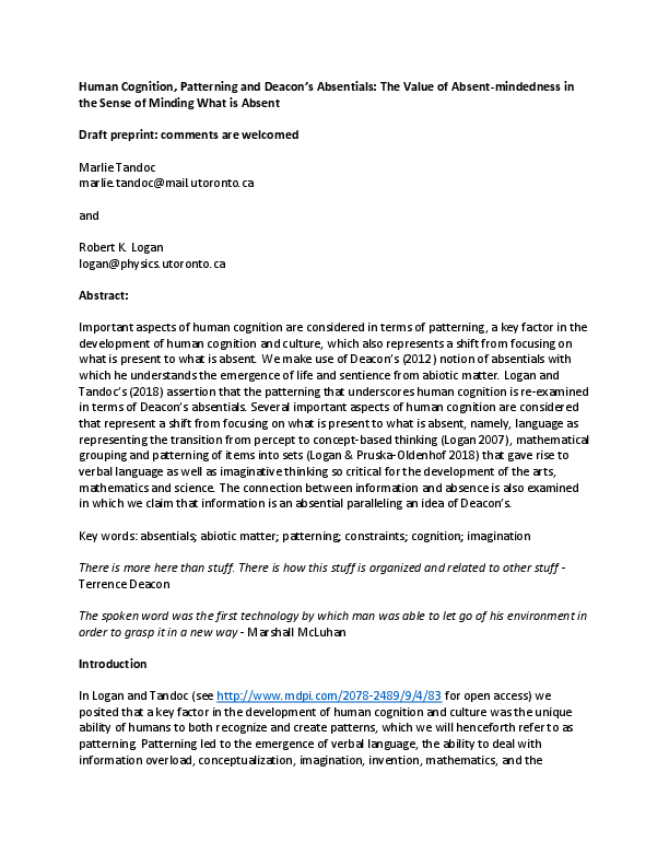 (DOC) Human Cognition, Patterning and Deacon's Absentials: The Value of ...