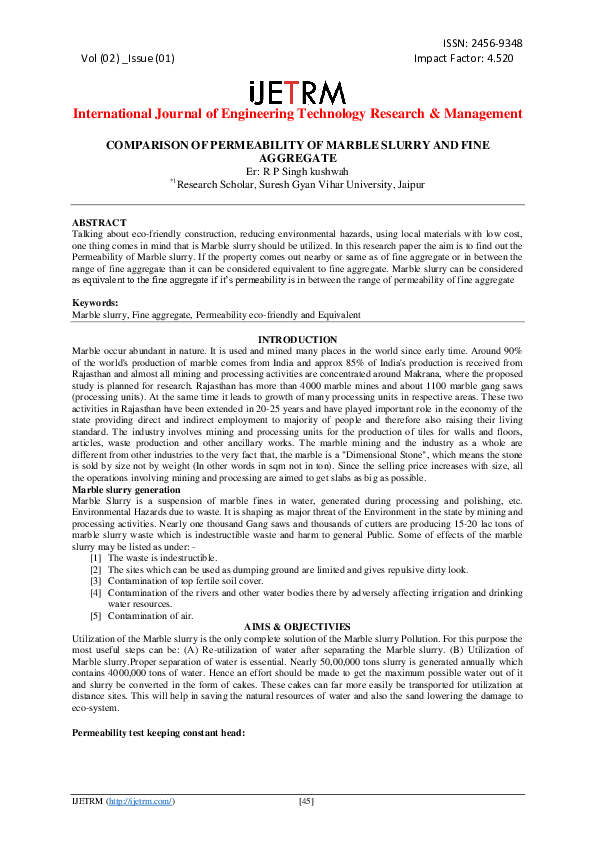 (PDF) COMPARISON OF PERMEABILITY OF MARBLE SLURRY AND FINE AGGREGATE ...