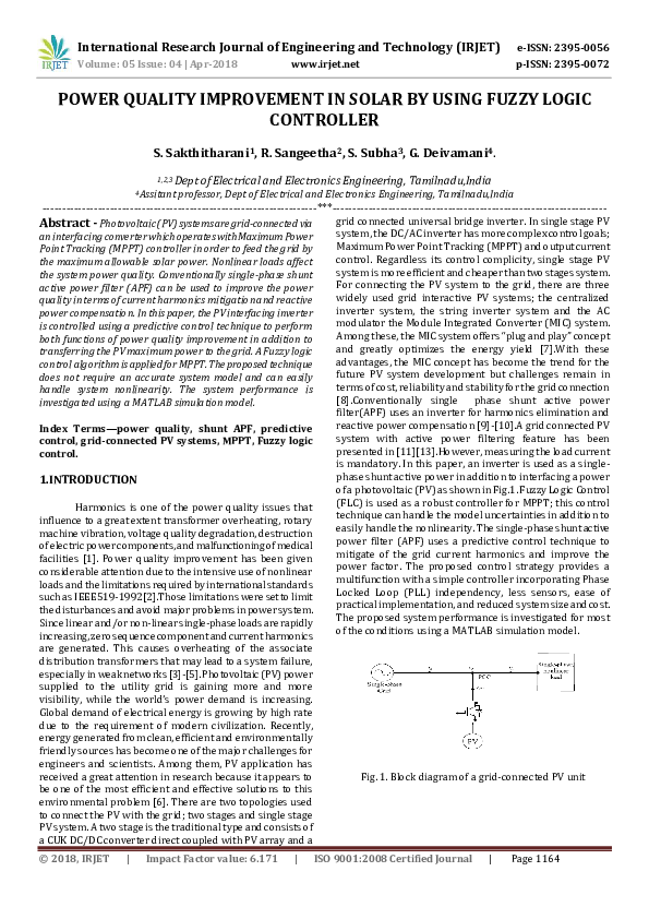 Pdf Power Quality Improvement In Solar By Using Fuzzy Logic