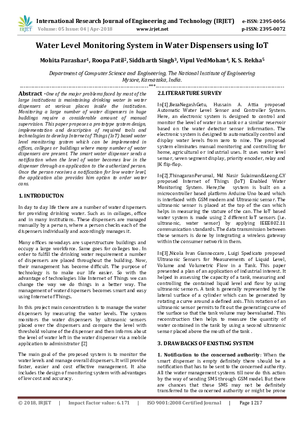(PDF) Water Level Monitoring System in Water Dispensers using Iot