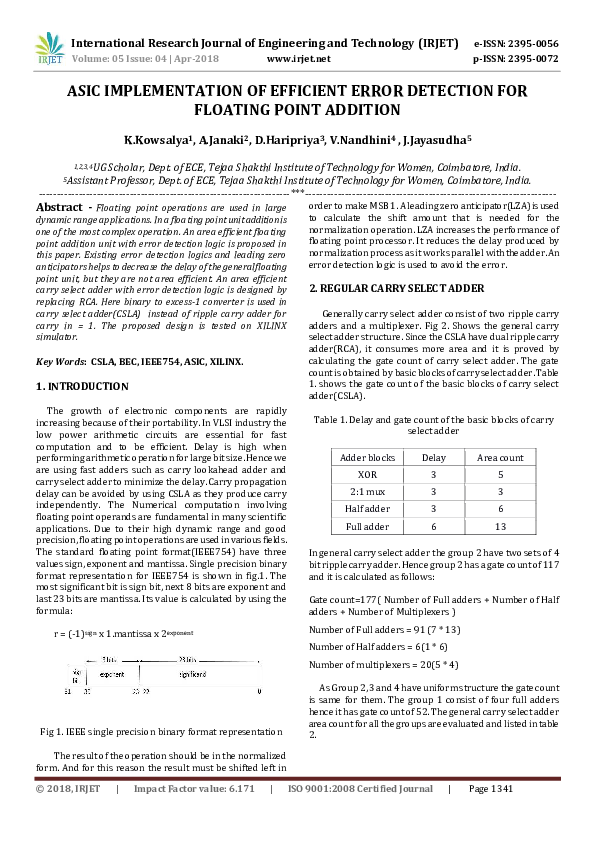 (PDF) ASIC IMPLEMENTATION OF EFFICIENT ERROR DETECTION FOR FLOATING ... (PDF) ASIC IMPLEMENTATION OF EFFICIENT ERROR DETECTION FOR FLOATING ...