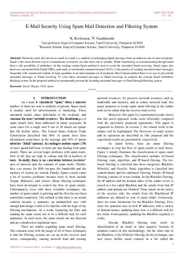 (PDF) E-Mail Security Using Spam Mail Detection and Filtering System