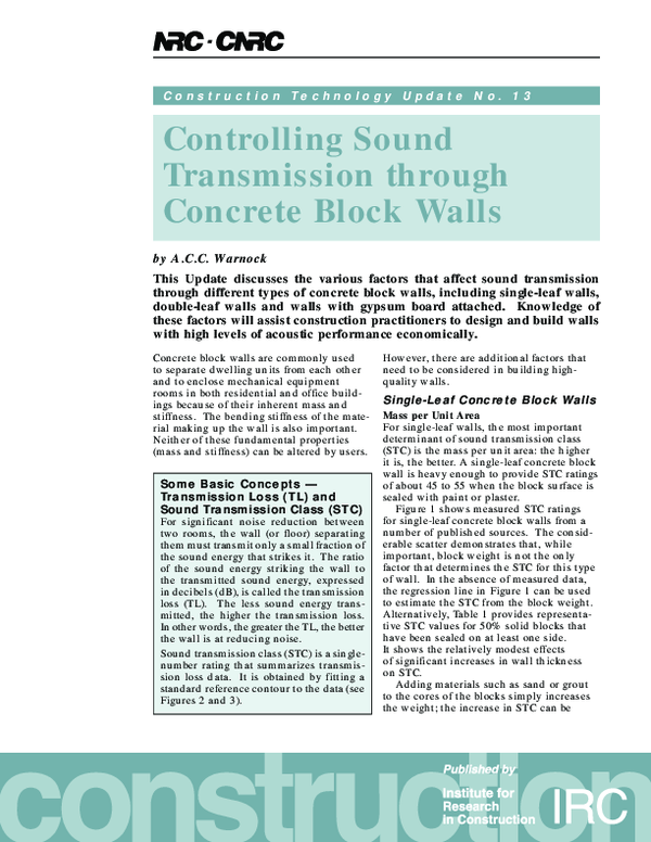 (PDF) Controlling Sound Transmission through Concrete Block Walls