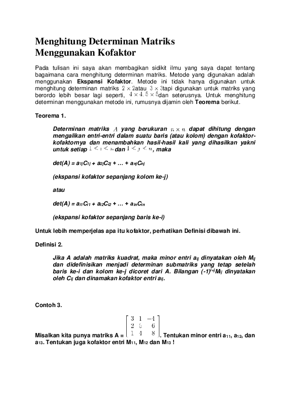 (DOC) Menghitung Determinan Matriks Menggunakan Kofaktor