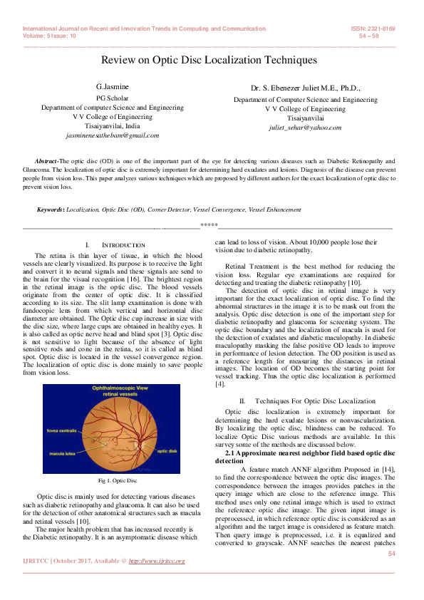 Pdf Review On Optic Disc Localization Techniques International Journal Ijritcc