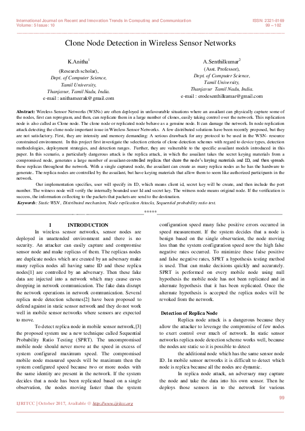 Pdf Clone Node Detection In Wireless Sensor Networks International Journal Ijritcc