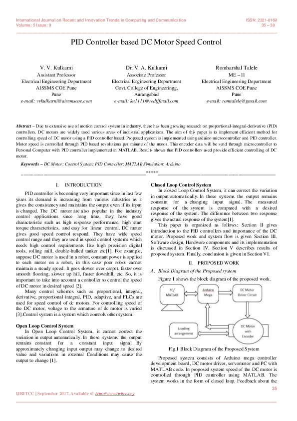 Pdf Pid Controller Based Dc Motor Speed Control