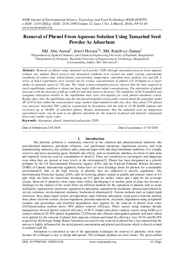 (PDF) Removal of Phenol From Aqueous Solution Using Tamarind Seed Powder As Adsorbent