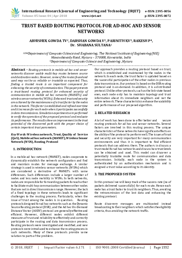 Pdf Trust Based Routing Protocol For Ad Hoc And Sensor Networks
