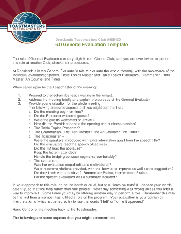 Toastmasters Table Topics Evaluation Sheet | Cabinets Matttroy