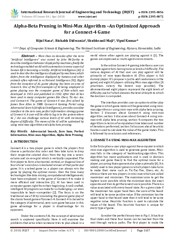 (PDF) Alpha-Beta Pruning in Mini-Max Algorithm –An Optimized Approach for a Connect-4 Game