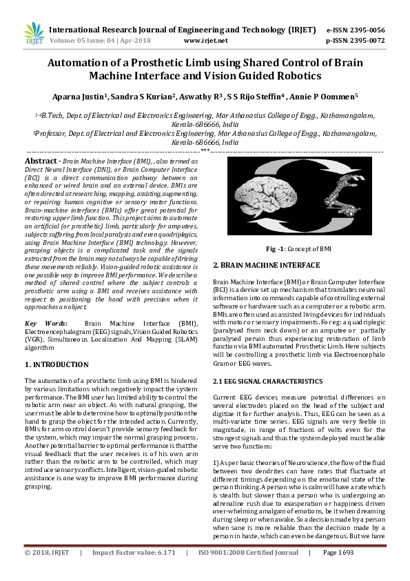 (PDF) Automation of a Prosthetic Limb using Shared Control of Brain Machine Interface and Vision ...