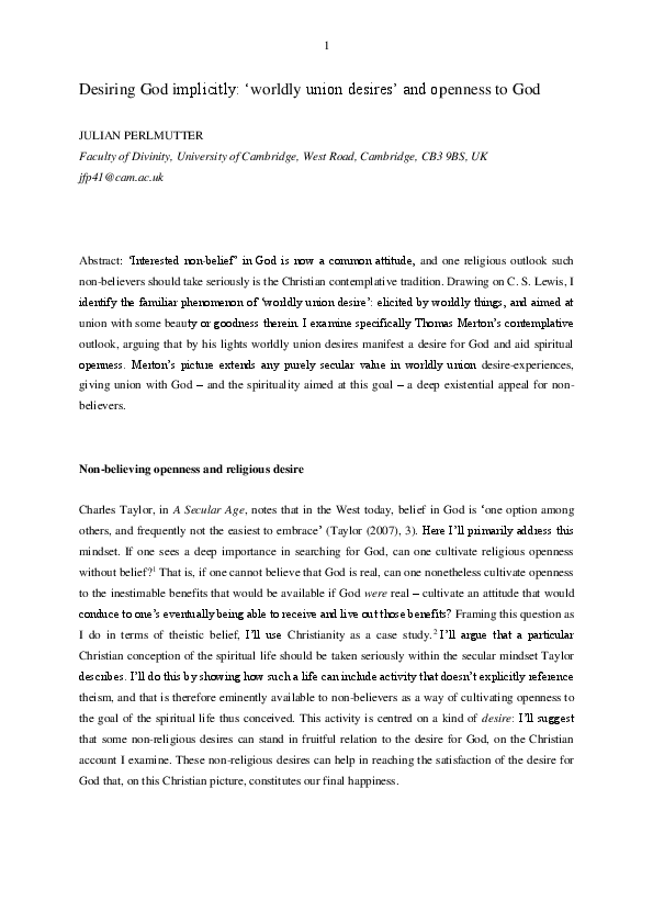 (DOC) Desiring God Implicitly: 'Worldly Union Desires' and Openness to ...