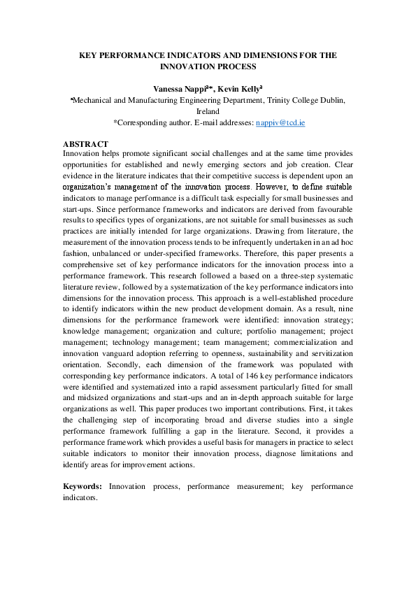 (PDF) KEY PERFORMANCE INDICATORS AND DIMENSIONS FOR THE INNOVATION PROCESS