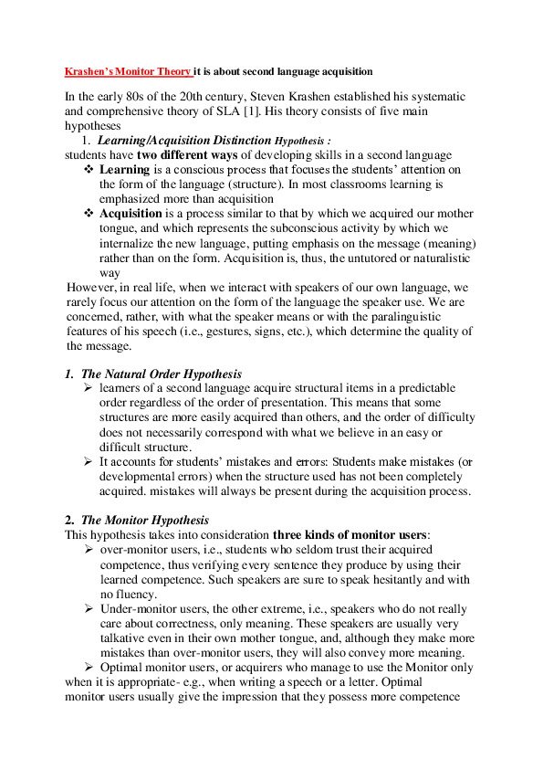 (DOC) Krashen's Monitor Theory it is about second language acquisition ...