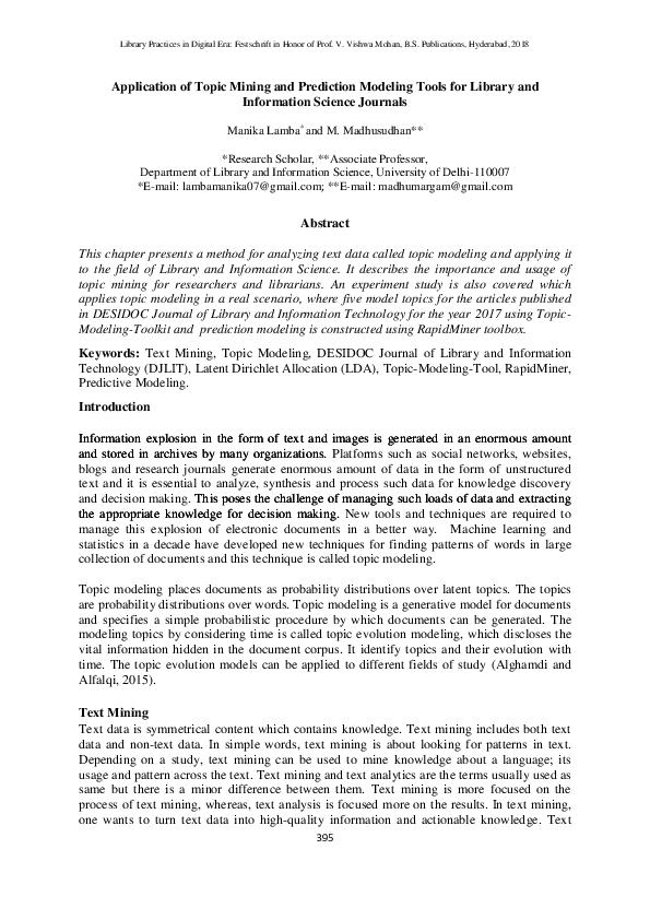 Pdf Application Of Topic Mining And Prediction Modeling Tools For Library And Information