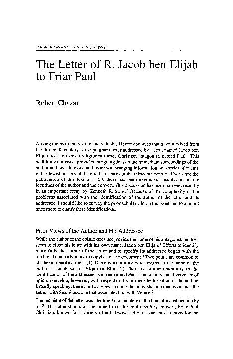 (PDF) Robert Chazan, “The Letter of R. Jacob ben Elijah to Friar Paul ...