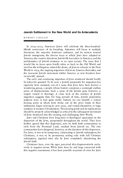 (PDF) Robert Chazan, “Jewish Settlement in the New World and its ...