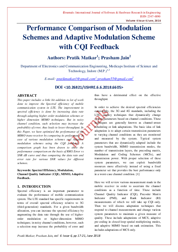 Pdf Performance Comparison Of Modulation Schemes And Adaptive