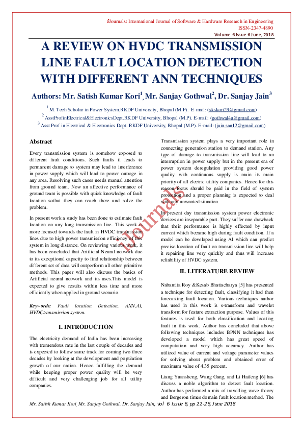 Pdf A Review On Hvdc Transmission Line Fault Location Detection With Different Ann Techniques